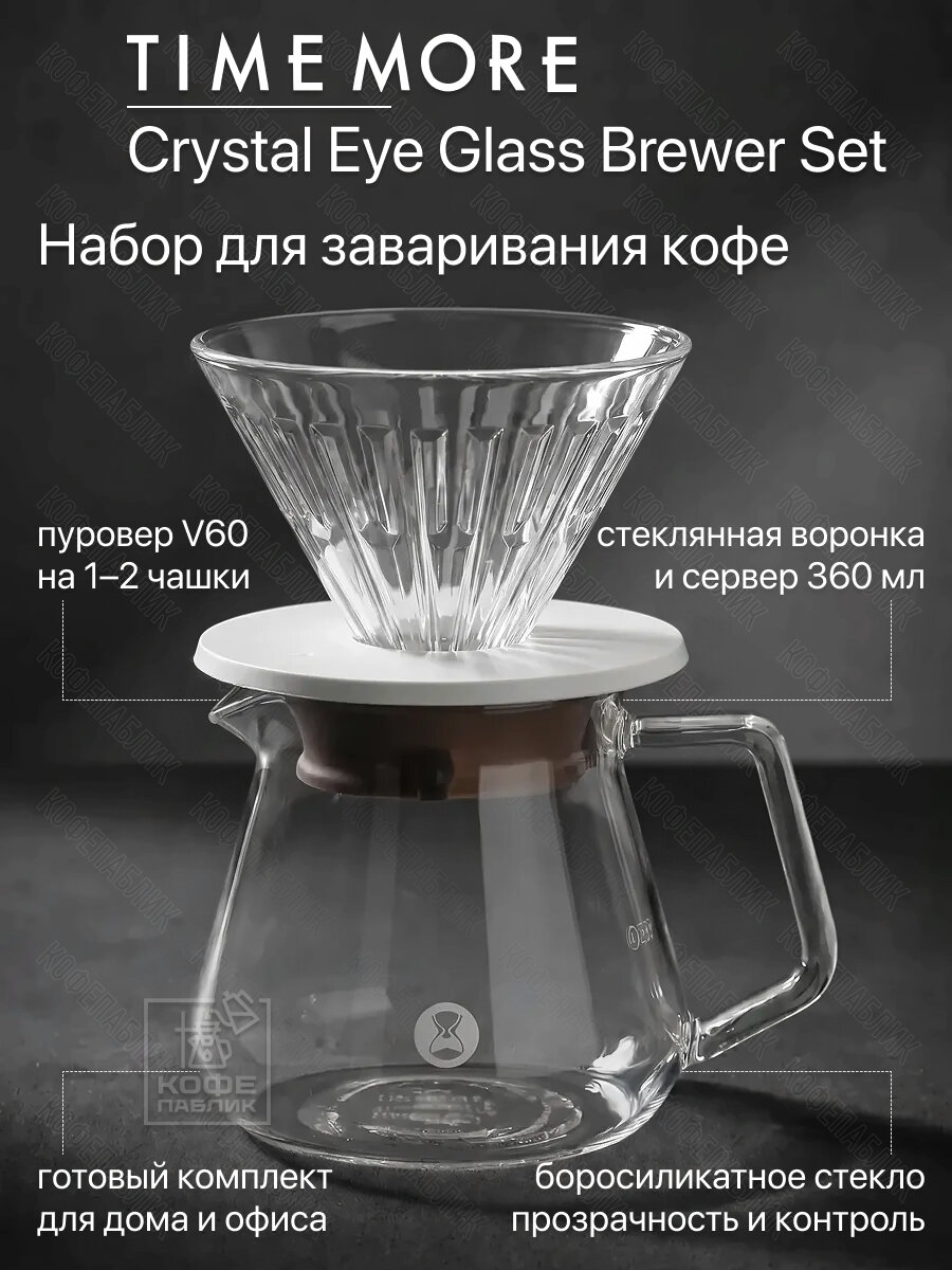 Набор для заваривания кофе Timemore Crystal Eye Brewer Set 01 White – стеклянная воронка 01 и сервер 360 мл