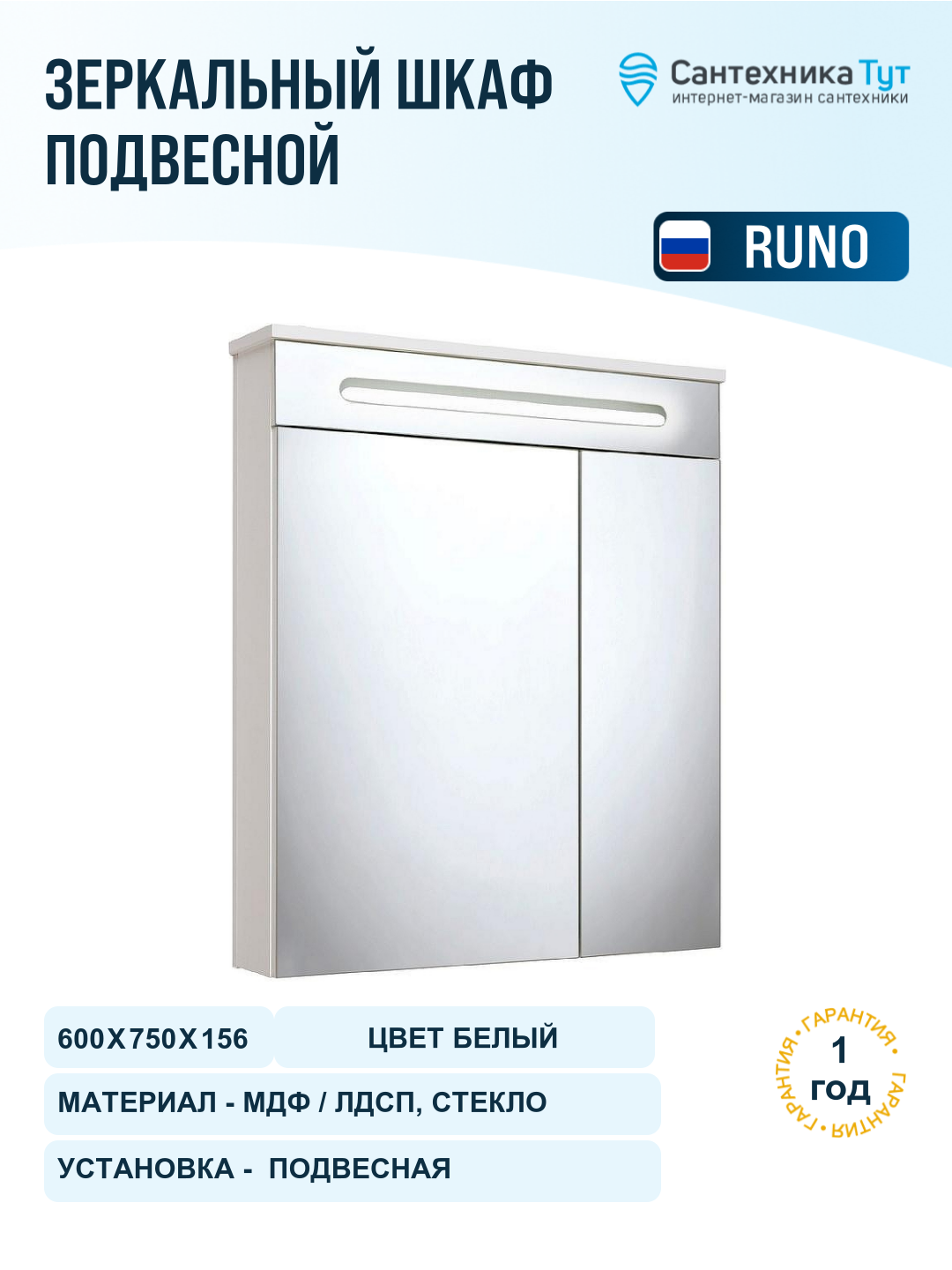 Зеркальный шкаф Runo Парма 60 00000001147 с подсветкой Белый