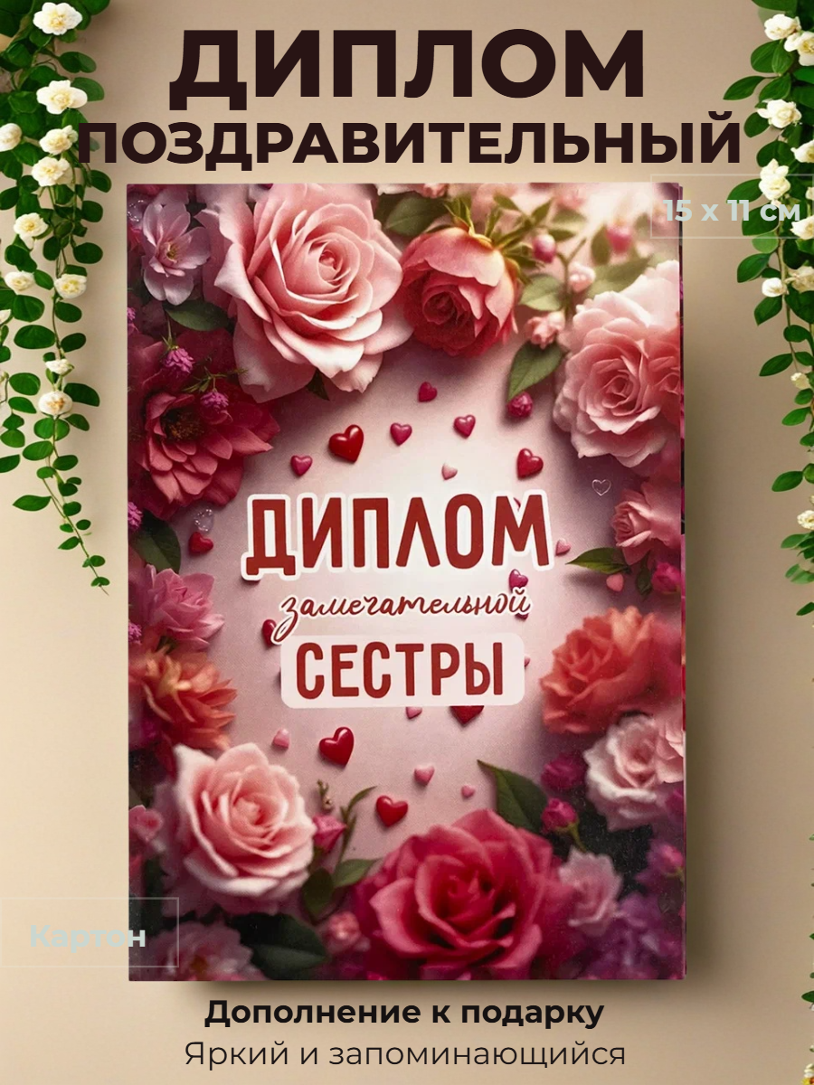 Подарочный шуточный диплом "Замечательной сестры", формат А6, картон