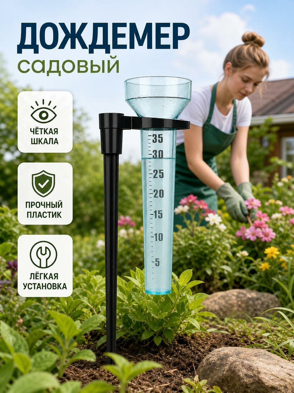 Садовый дождемер с чёткой шкалой и прочной конструкцией из армированного пластика