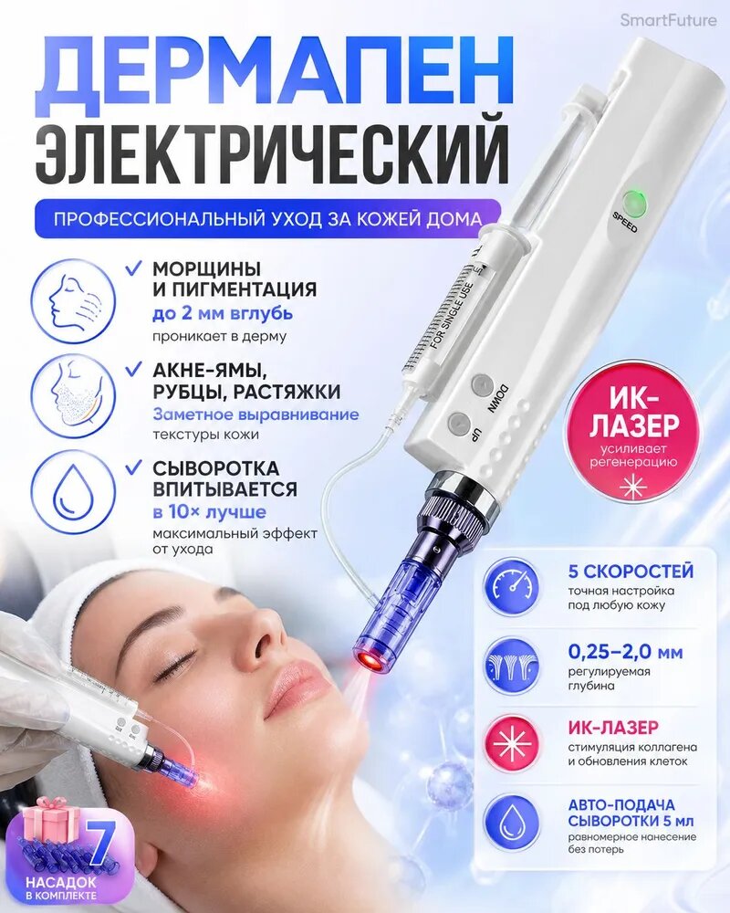 Дермапен электрический мезотерапия 5 скоростей ИК-лазер глубина 0.25-2.0мм нанокристалл+иглы