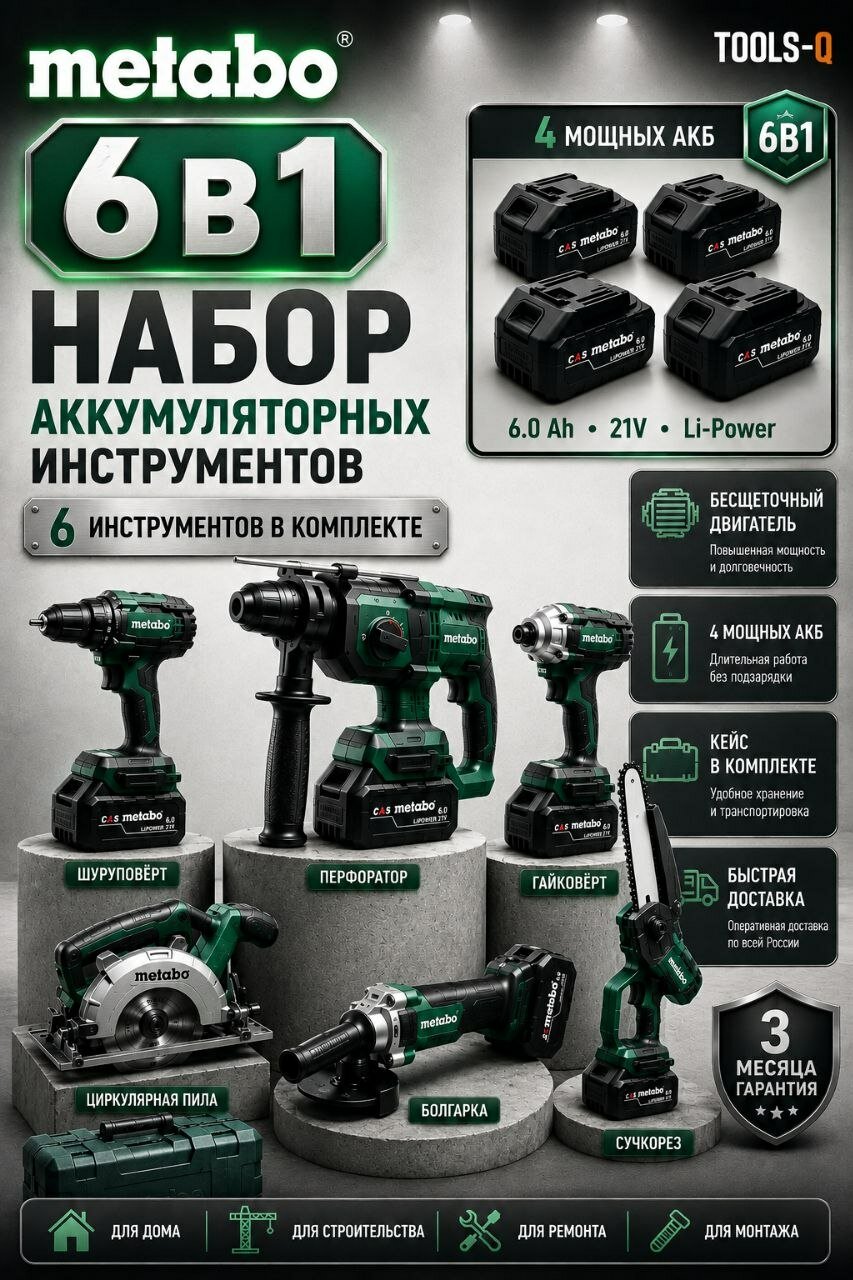 6в1 Набор аккумуляторных инструментов - 6в1 - metabo - Циркулярная пила, Болгарка, Гайковерт, Шуруповерт, Перфоратор, Сучкорез, 4АКБ