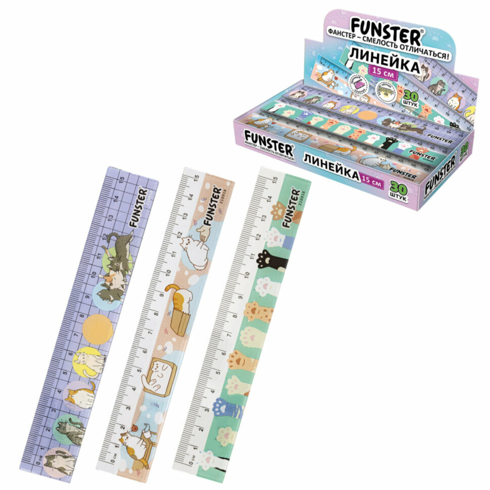Линейка пластиковая 15 см, FUNSTER (фанстер), "коты", ассорти, дисплей, 210918, 210918