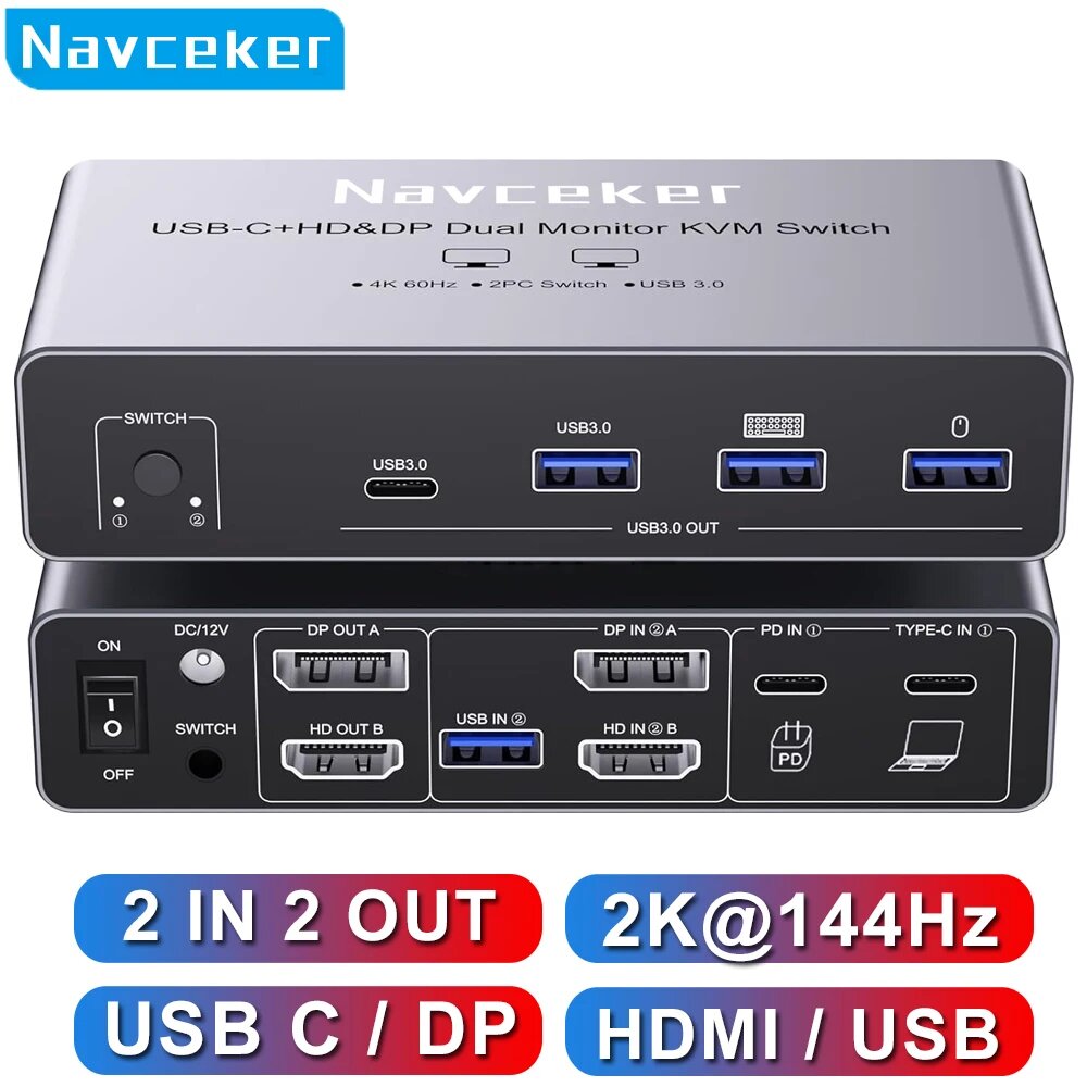 Ugreen Navceker USB C KVM-переключатель HDMI DP 2 ПК 2 Монитора 4K 60Hz