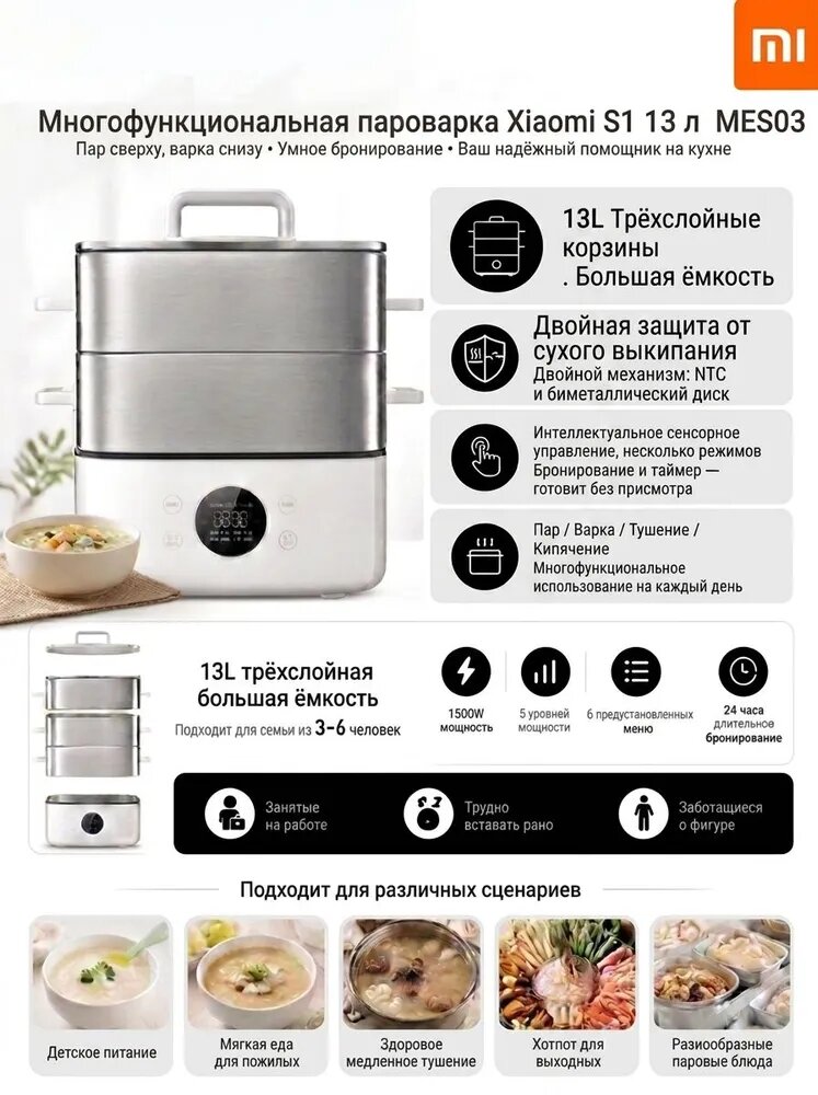 Xiaomi Пароварка электрическая Mijia Multifunctional electric cooker S1 13L1500W NTC MES03, белый