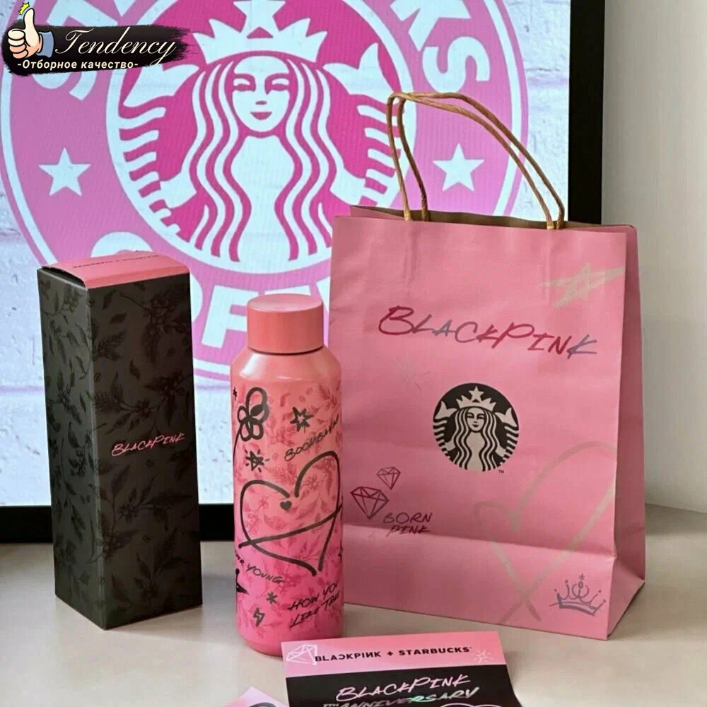 Термокружка Starbucks x BLACKPINK, розовая, с граффити-дизайном, 596 мл, лимитированная серия.