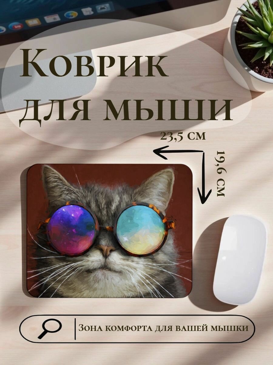 Коврик для мыши кот в очках с космическим отражением