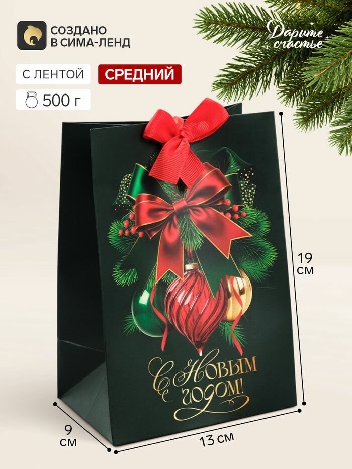 Пакет подарочный с лентой С Новым годом , 13 19 9 см