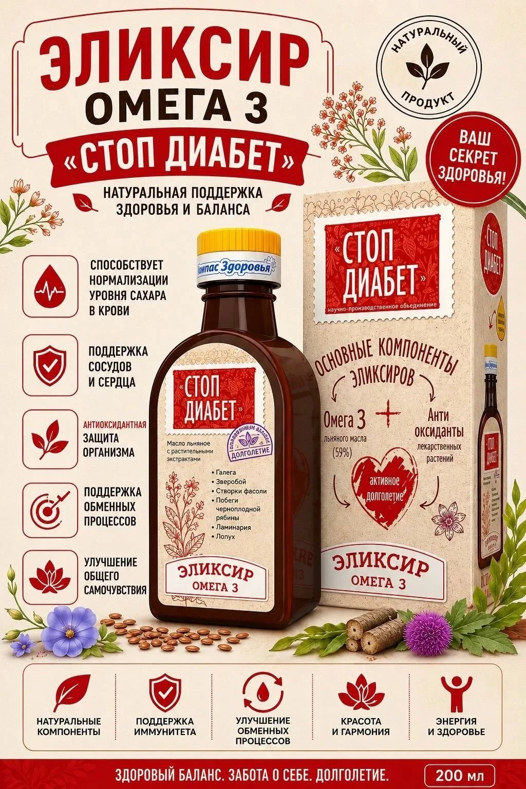 Эликсир Стоп Диабет, масло льняное с добавками, 200 мл. Компас Здоровья