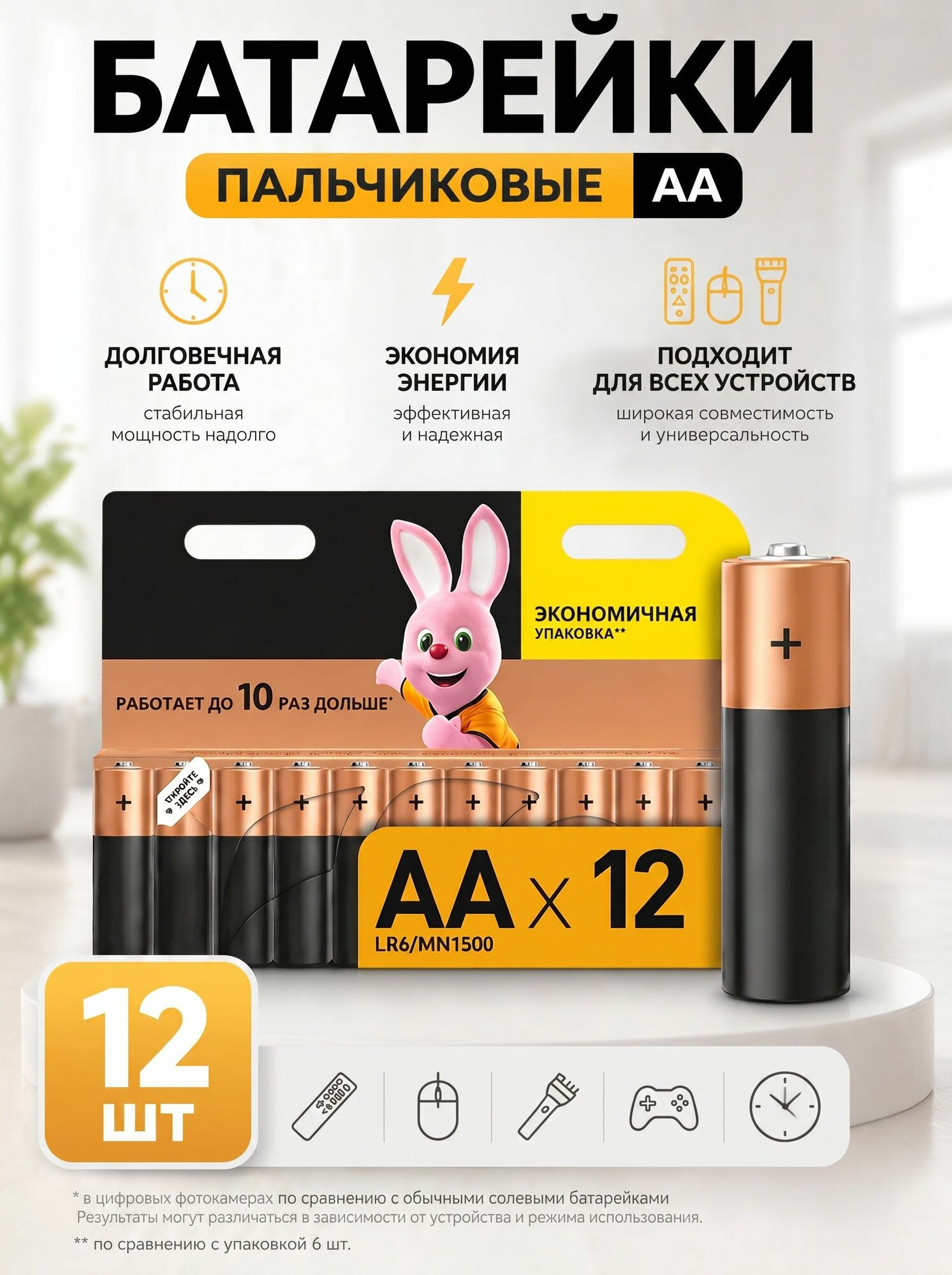 Батарейки пальчиковые АА алкалиновые (щелочные), LR6, 1.5V, 2500 мА ч, 1,5 В, 12 шт
