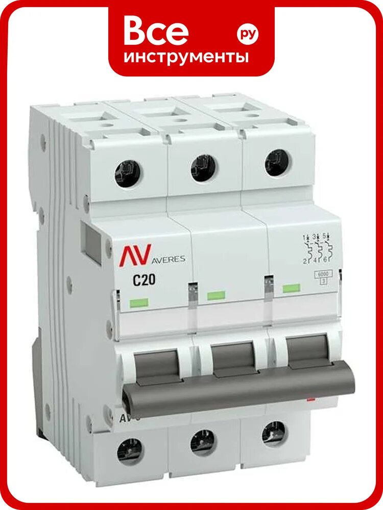 Автоматический выключатель EKF AV-6, 3P, 20A, 6kA, AVERES mcb6-3-20C-av