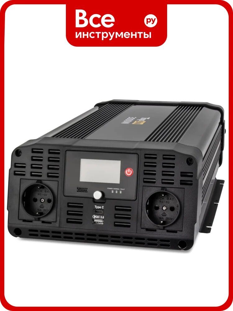 Автомобильный инвертор TopOn 3000w 2 розетки, чистый синус, type-c pd, usb qc, lcd экран, пиковая мощность 6000w черный TOP-PI3000
