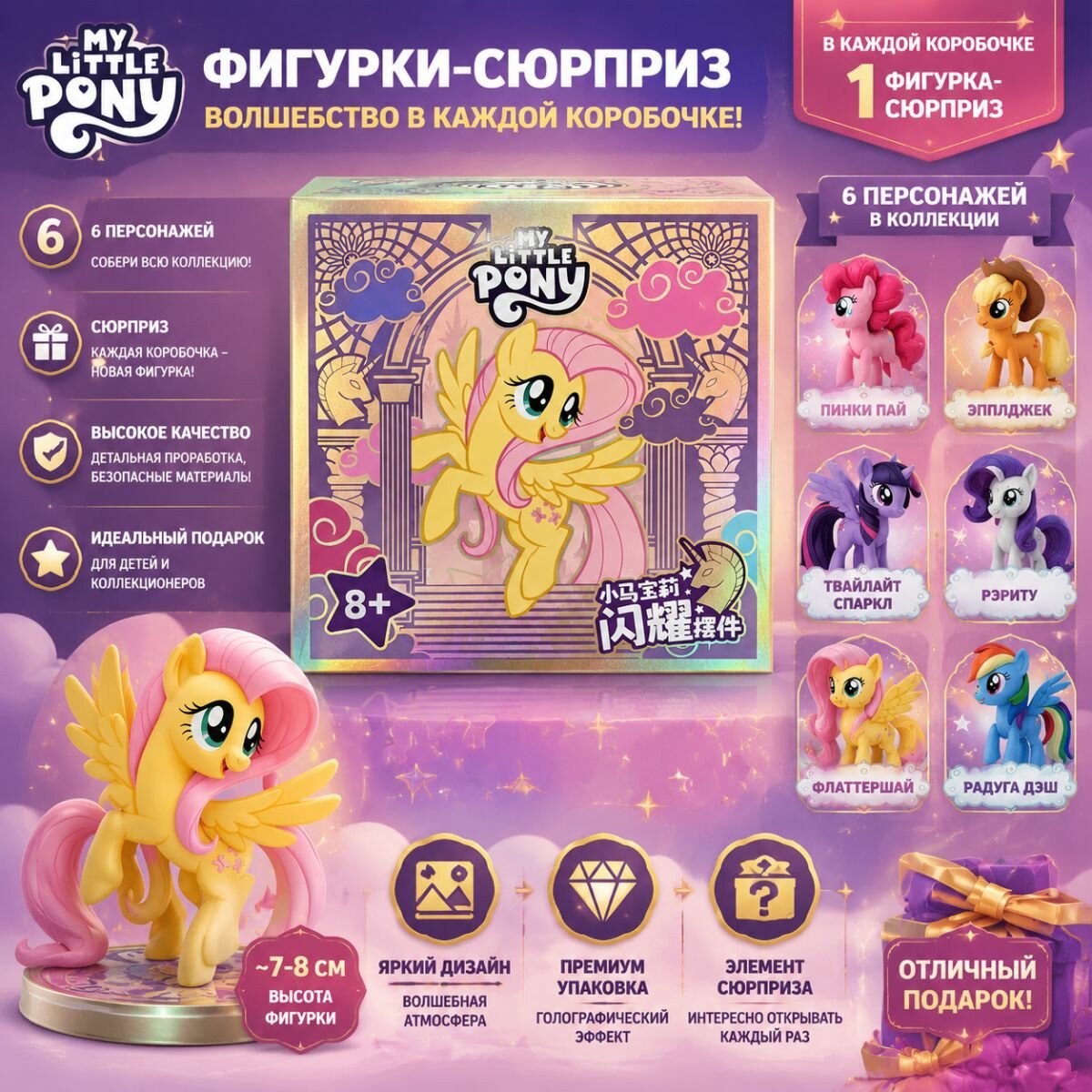 Коллекционная фигурка My Little Pony в закрытой упаковке, серия MINISO, случайный персонаж, 8+ Blind Box