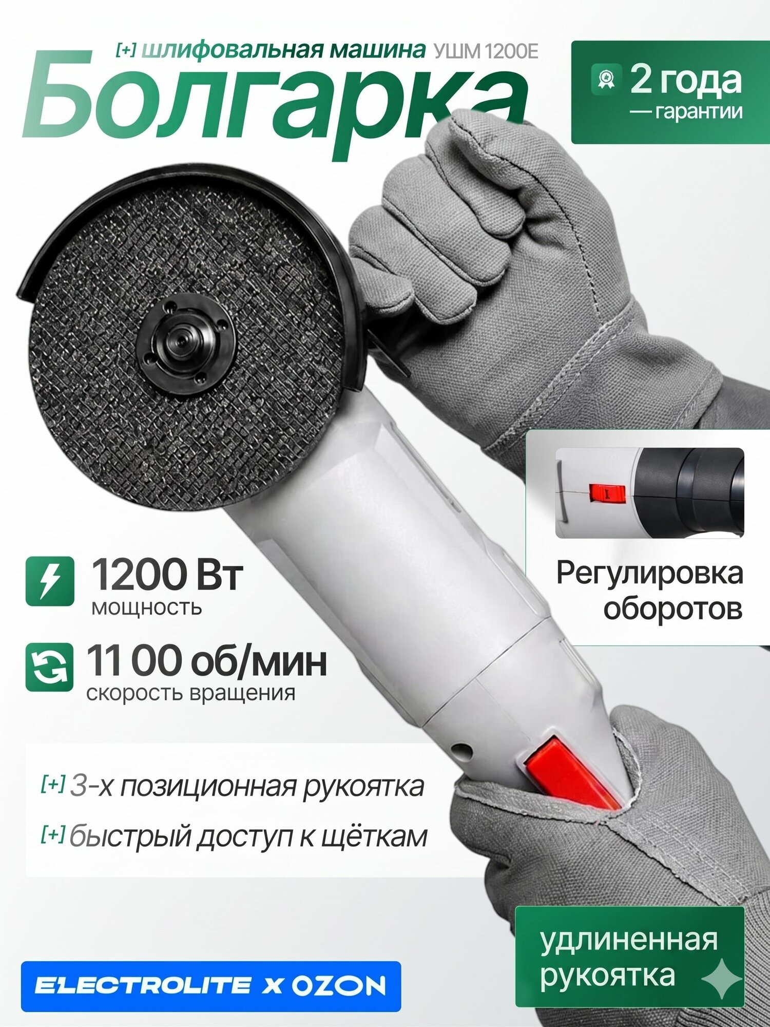 Болгарка электрическая Electrolite УШМ-1200Е с регулировкой оборотов (УШМ 125 мм сетевая, 1200 Вт)