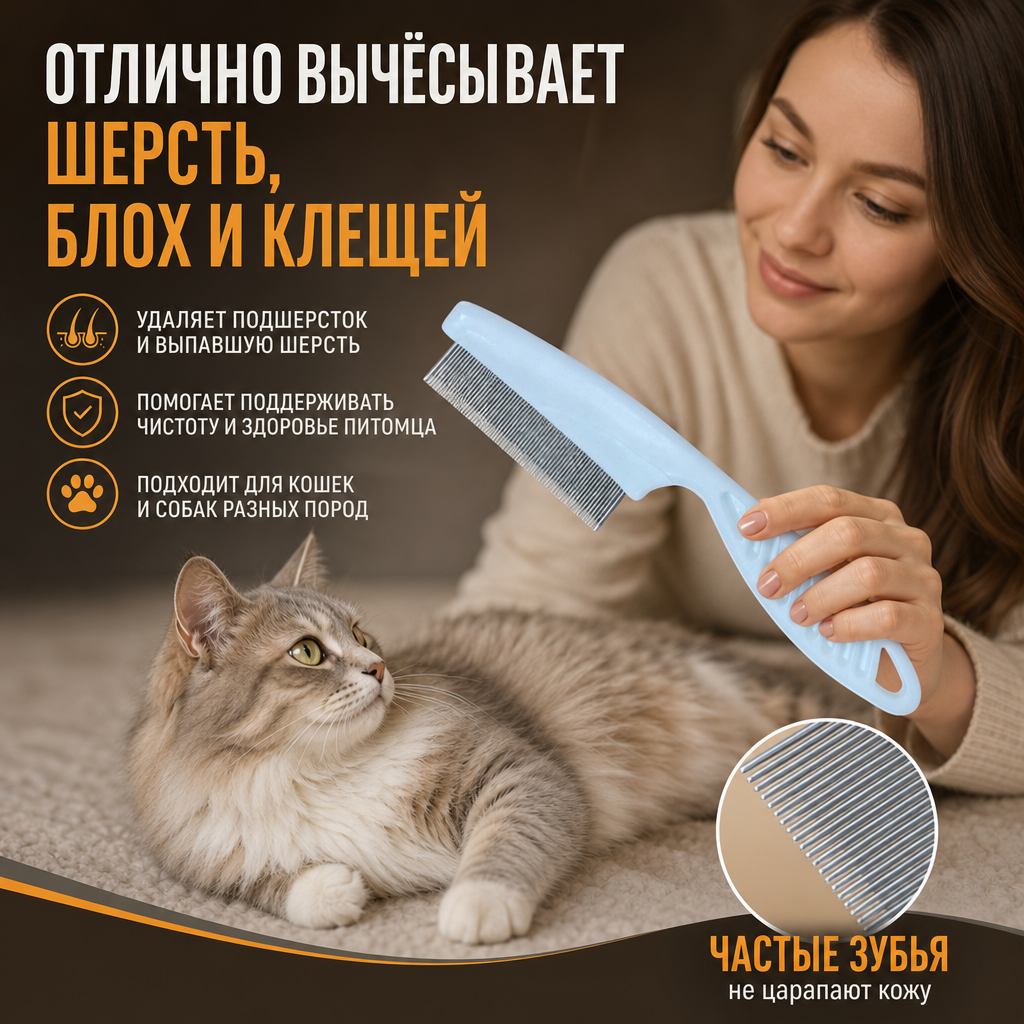 Профессиональная щетка для груминга кошек и собак, белый, массажный эффект, для вычесывания блох и клещей