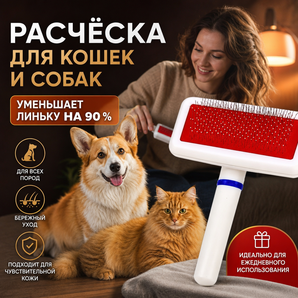 Профессиональная щетка для груминга кошек и собак, комфортный, массажный эффект