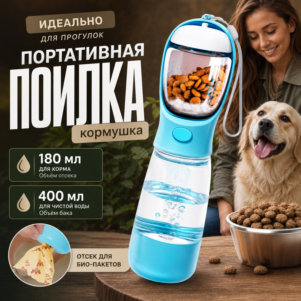 Автоматическая поилка-фонтан для кошек и собак, синий, для прогулок и поездок