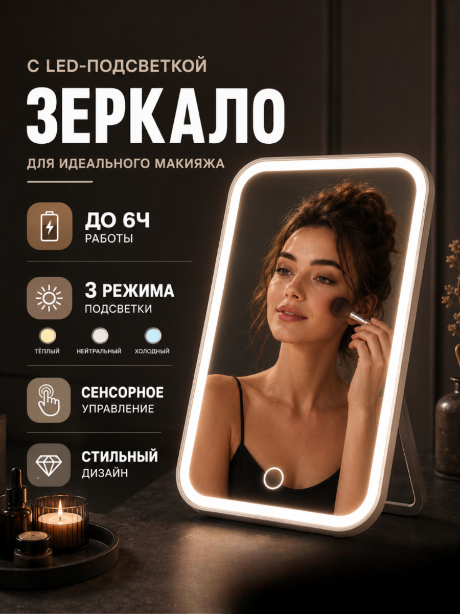 Зеркало с подсветкой для макияжа настольное косметическое 3 режима
