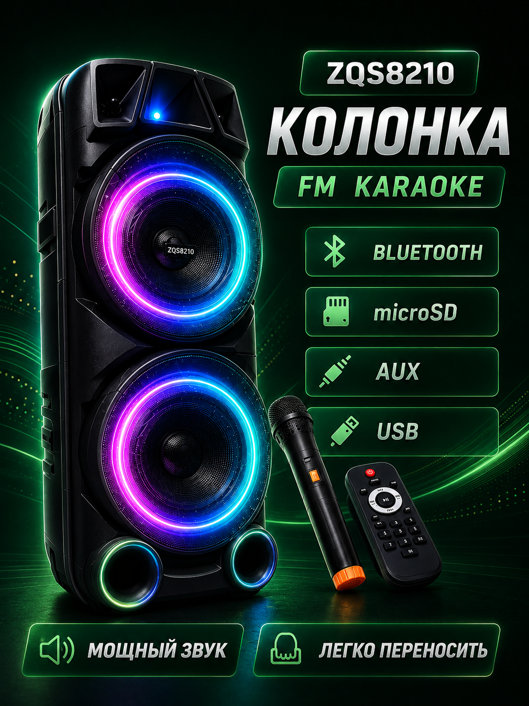 Большая беспроводная портативная Bluetooth колонка 8210, Светомузыка, Караоке, LED подсветка, 4500 mAh, AUX, USB, Черный