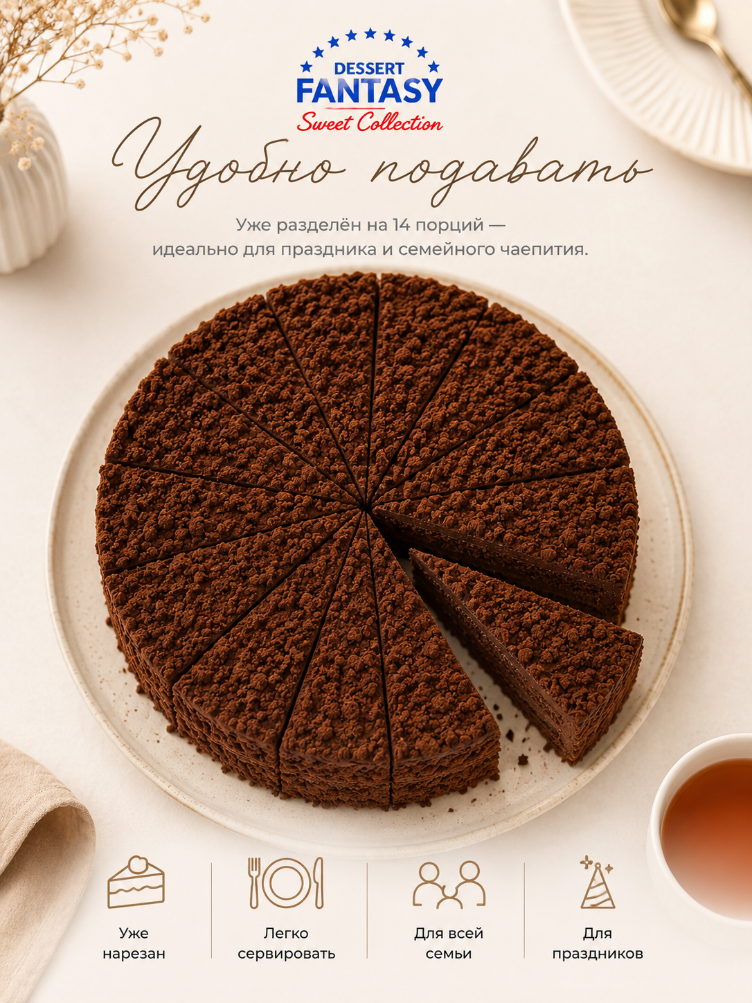 Торт Dessert Fantasy "Прага", бисквитные коржи, шоколадные ноты, тающая текстура, 14 порций по 130 г. (1820 г.) — фото 1