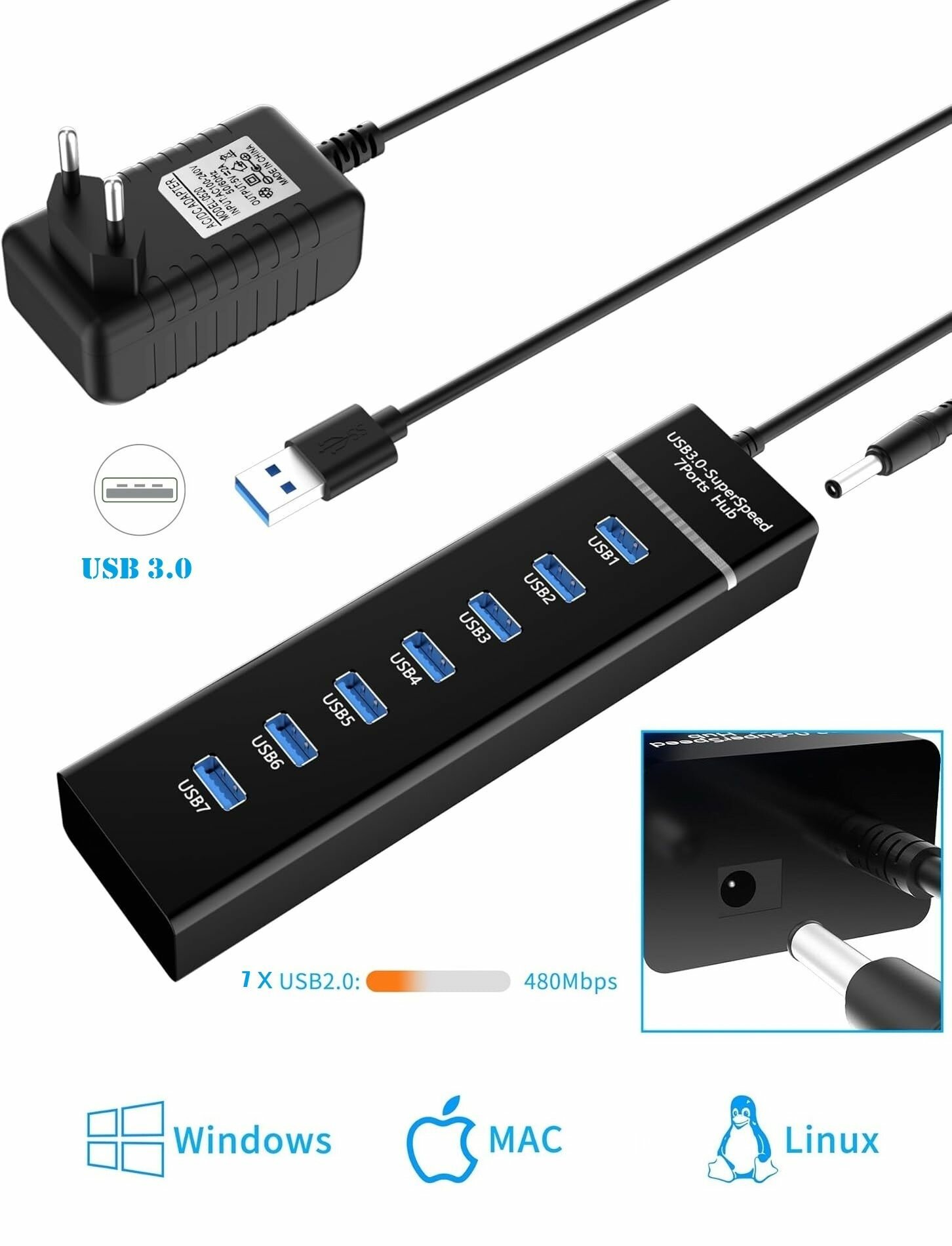 USB HUB разветвитель 7xUSB 2.0 F в USB 3.0 M c блоком питания, 1.2 м, KS-is
