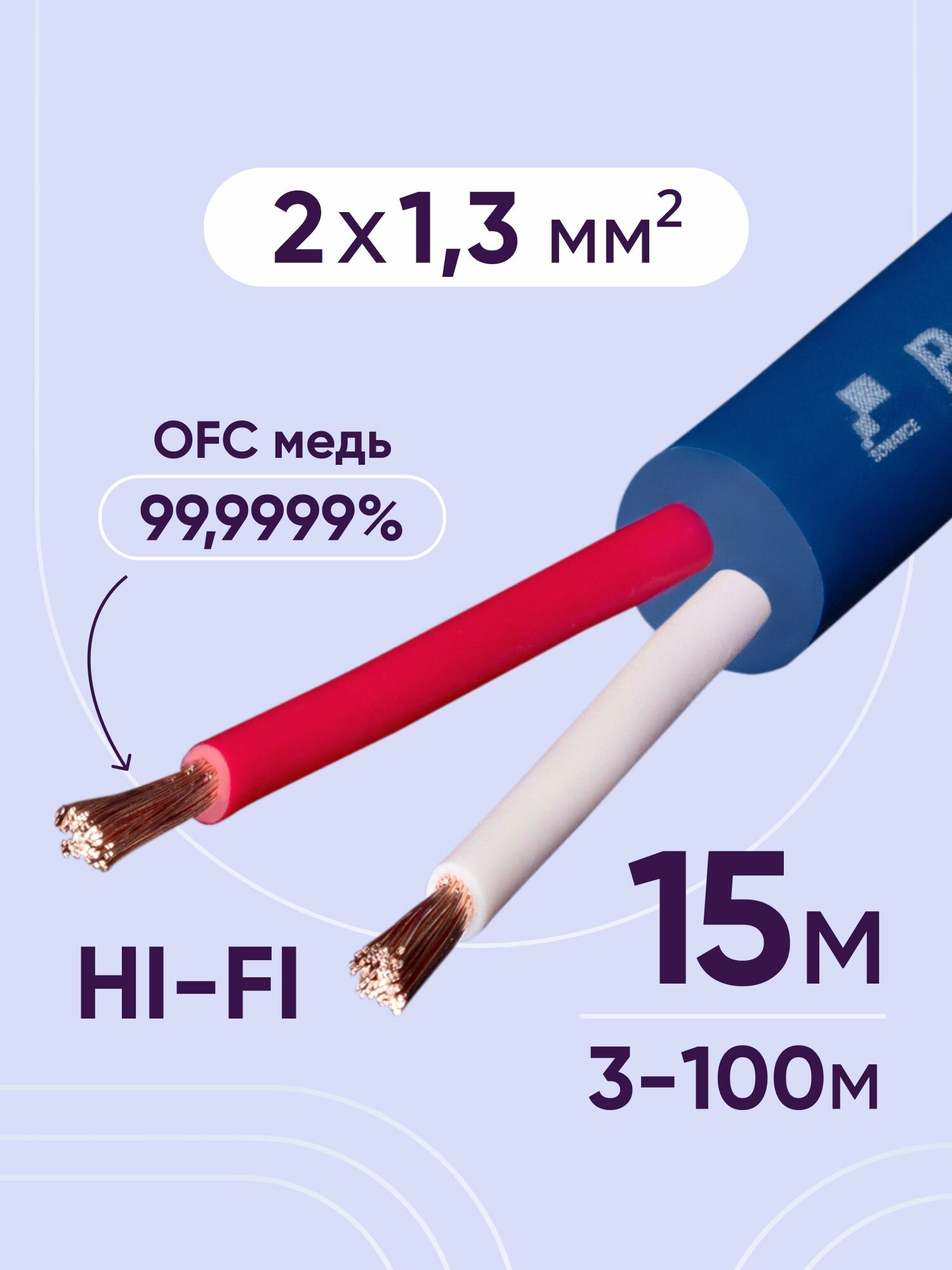 Медный акустический кабель SONANCE 16GA (2x1,31 мм), Hi-Fi, 15 метров, Синий, для колонок и автозвука