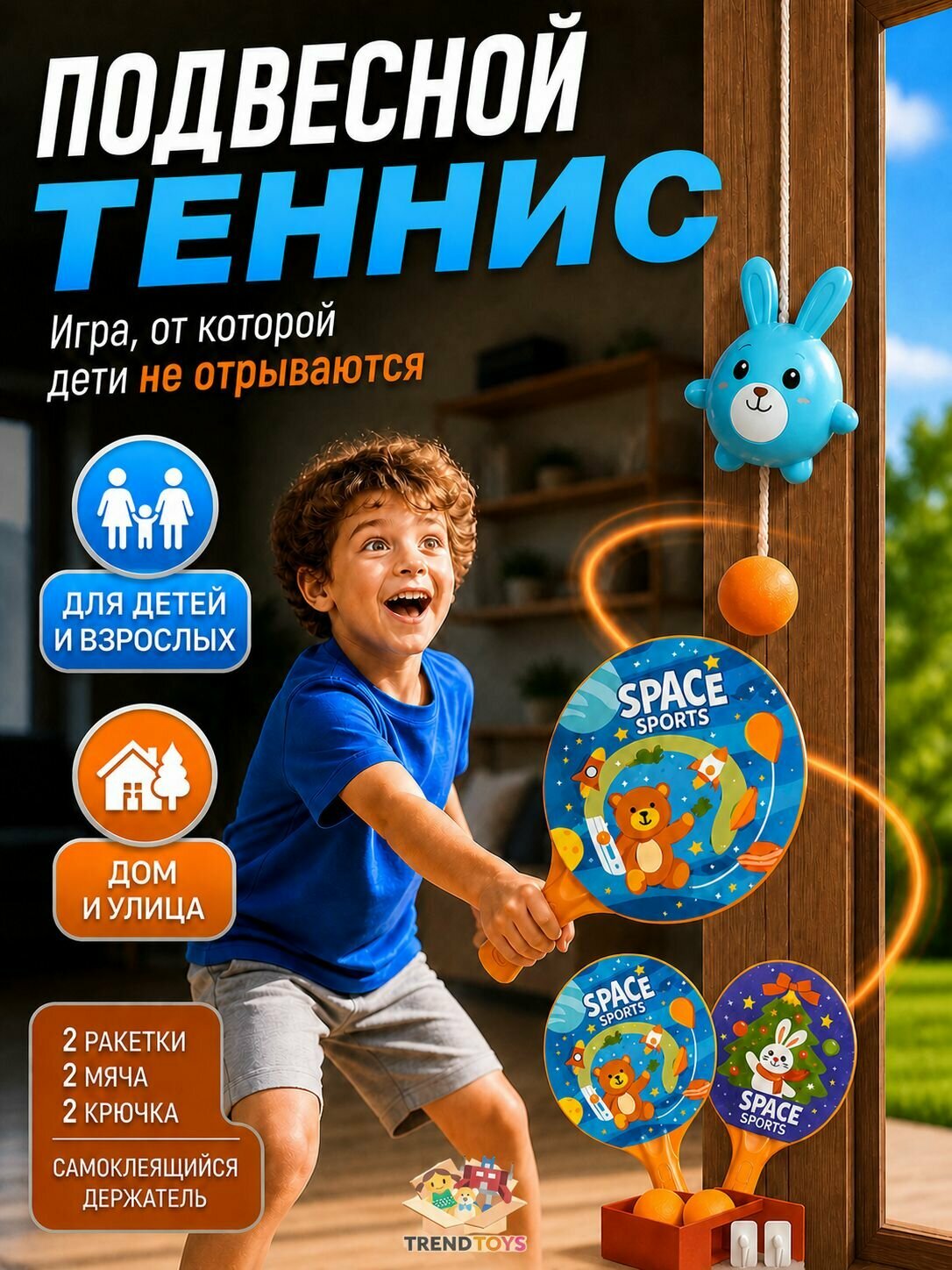 Подвесной теннис на веревке на дверь для детей. Детские ракетки с мячиком. Игрушки для улицы для детей