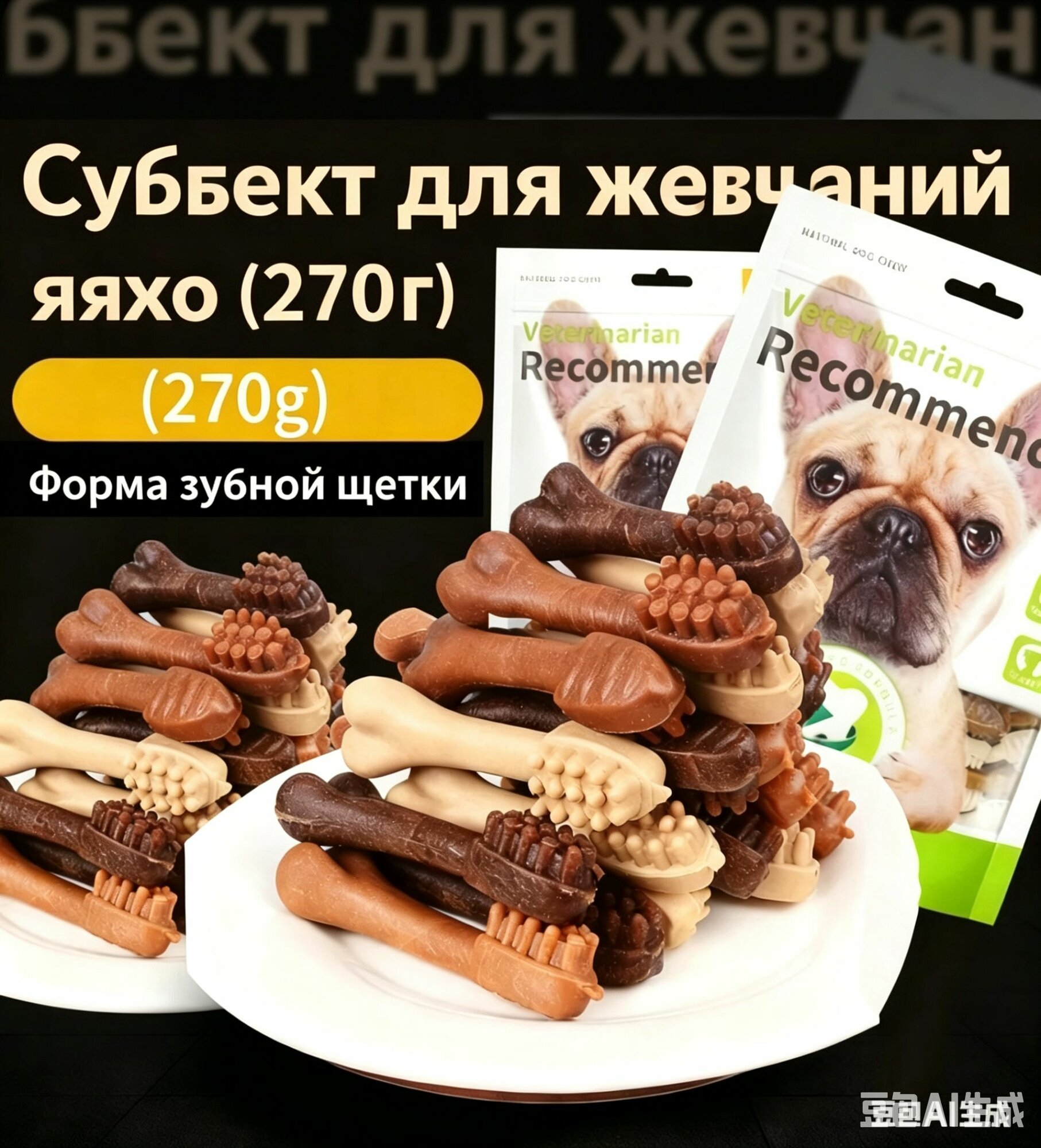Набор маленьких вкусняшек игрушек в форме щеток с разными вкусами для чистки зубов, массажа десен, удаления и профилактики зубного камня и налета у щенков и взрослых собак всех пород, 270 гр. игрушки-щетки 270г для собак