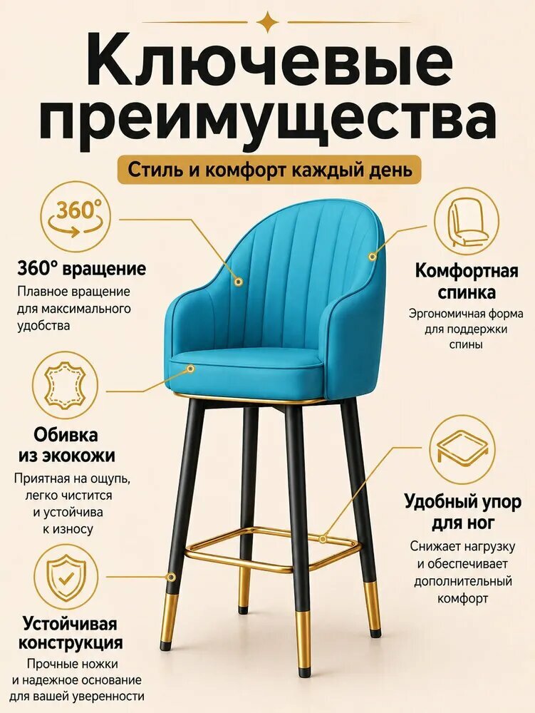 Барный стул с мягкой спинкой из экокожи, металлические ножки с золотым наконечником, синий — фото 1