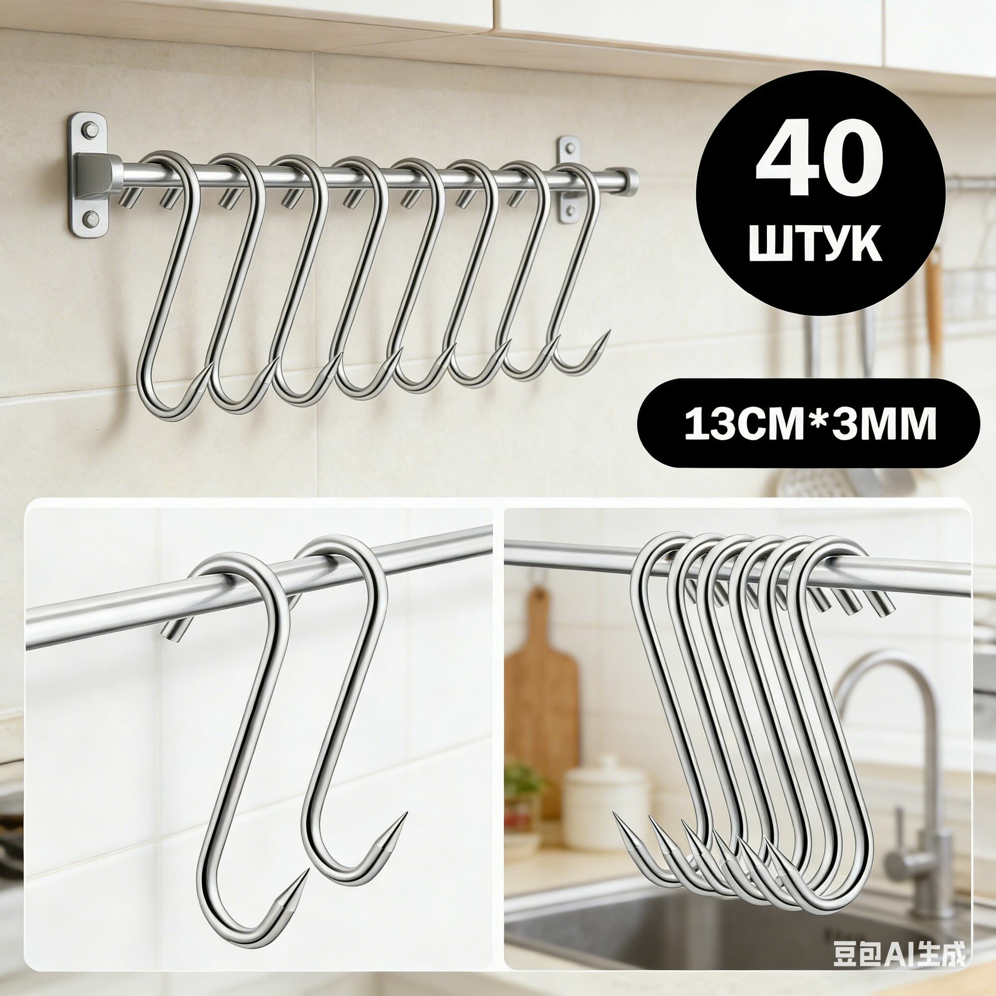 Крюки для мяса/Домашние увлечения/3*130/40шт/нерж. сталь Аксессуар для гриля, мангала, коптильни