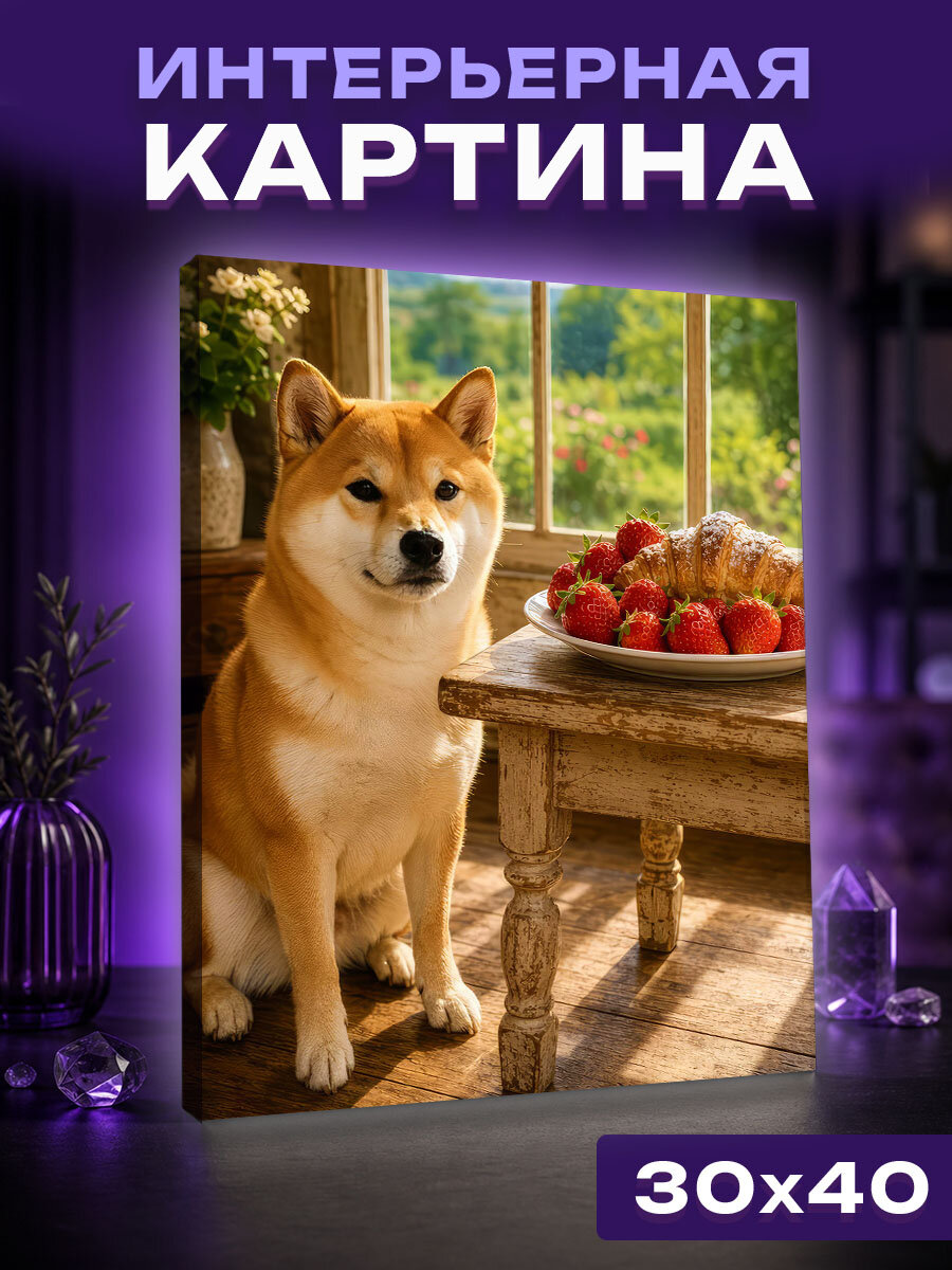 Интерьерная картина Сиба-ину у тарелки круассаном