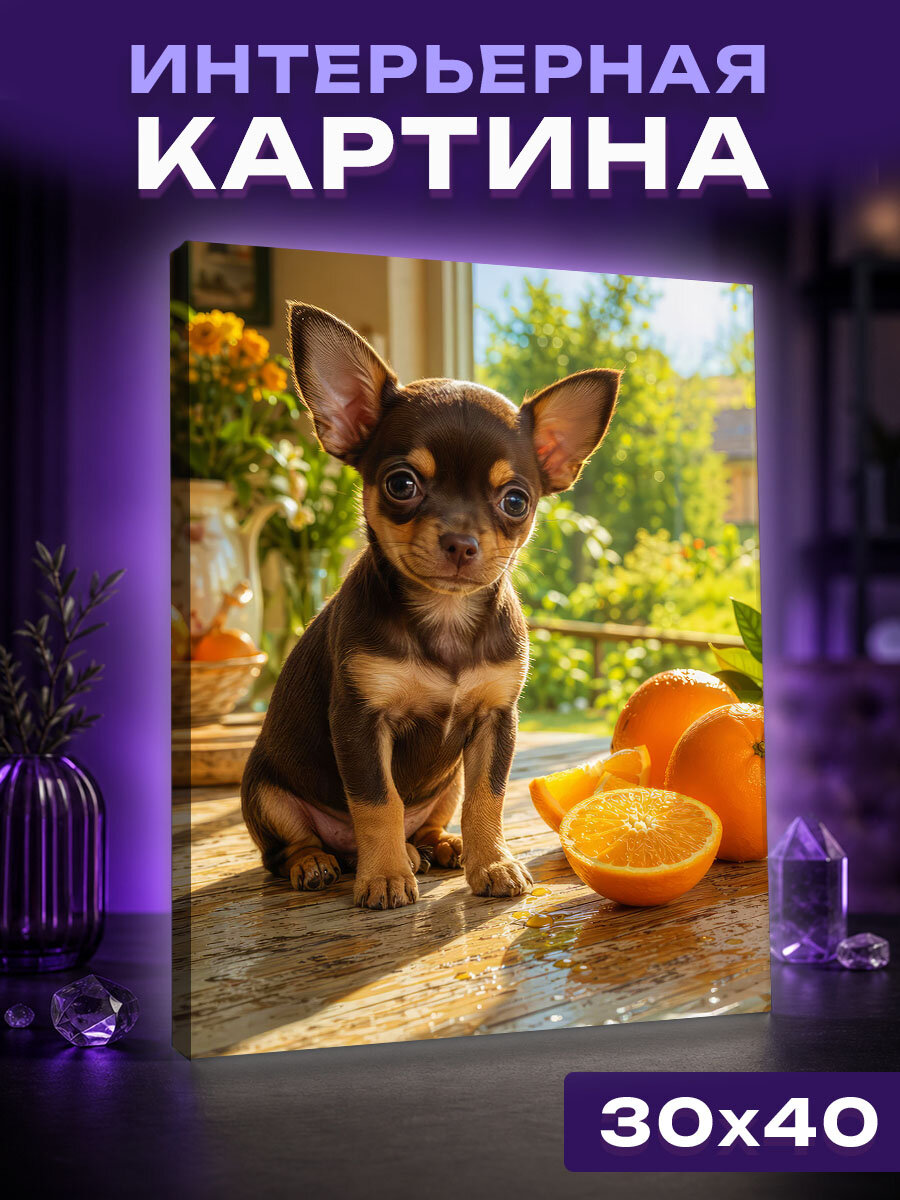 Интерьерная картина щенок чихуахуа на кухне среди апельсинов