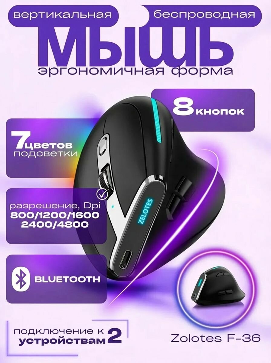 Игровая мышь беспроводная Мышь вертикальная беспроводная ZELOTES F-36, черный, бирюзовый