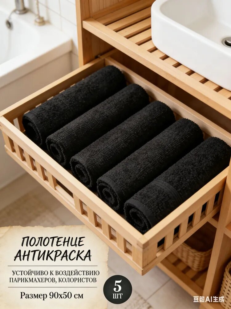 Полотенце банное 50x90 см, махровая ткань, микрофибра, черный, 5 шт