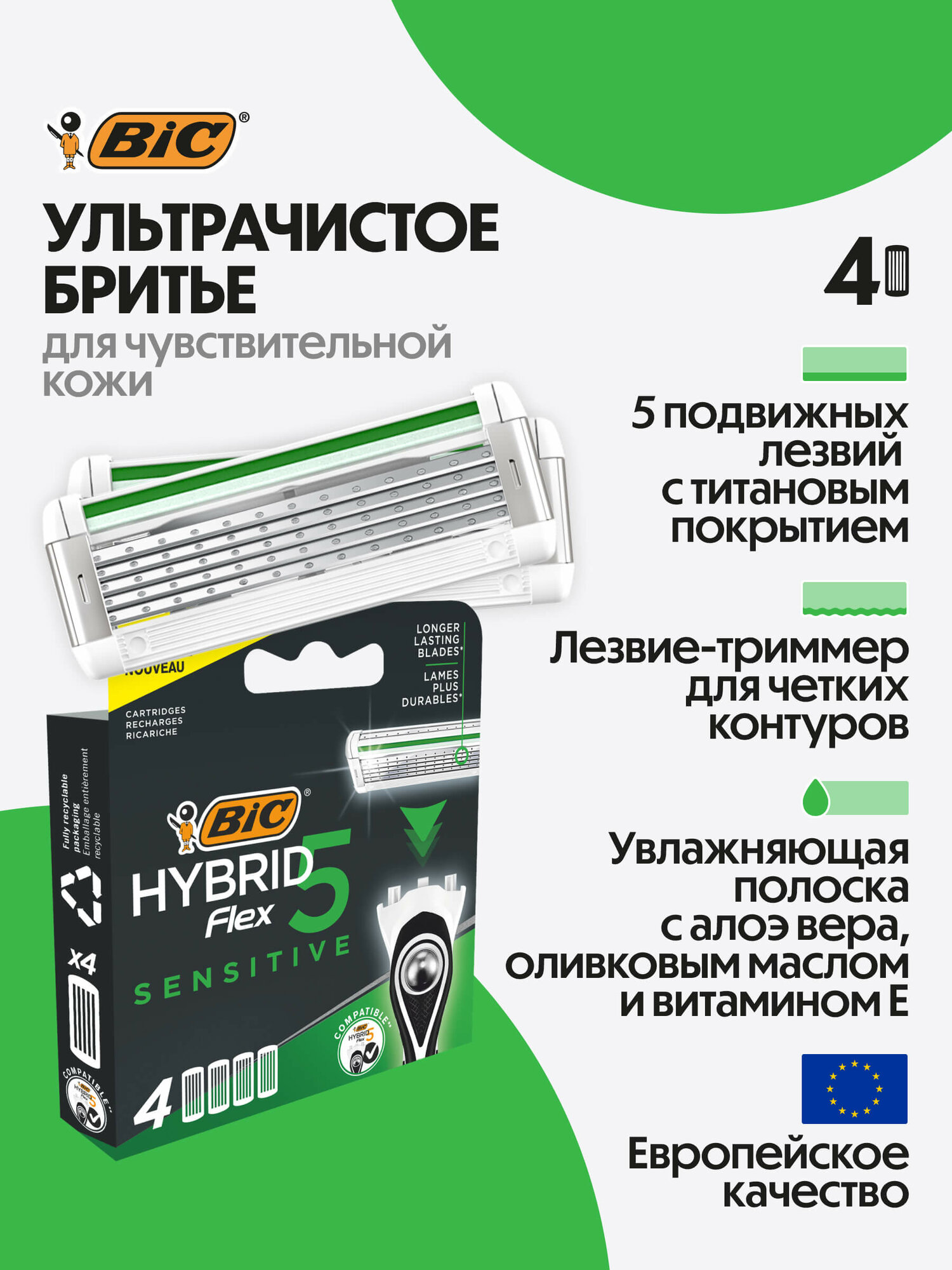Сменные кассеты для мужской бритвы BIC HYBRID 5 FLEX для чувствительной кожи уп. 4 шт.