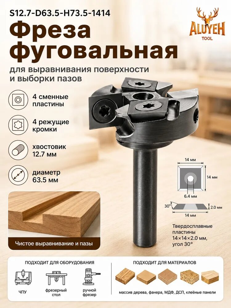 Фреза для выравнивания поверхности по дереву ALUYEH, фуговальная, хвостовик 12.7 мм, диаметр 63.5 мм, 4 сменные твердосплавные пластины, для ЧПУ и фрезерного стола