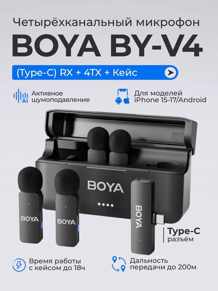 BOYA Микрофон петличный BY-V4U (Type-C приёмник), черный матовый