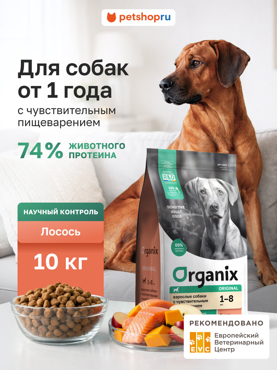 Organix сухой корм для взрослых собак с лососем, фруктами и овощами для чувствительного пищеварения, sensitive digestion, salmon, 10 кг