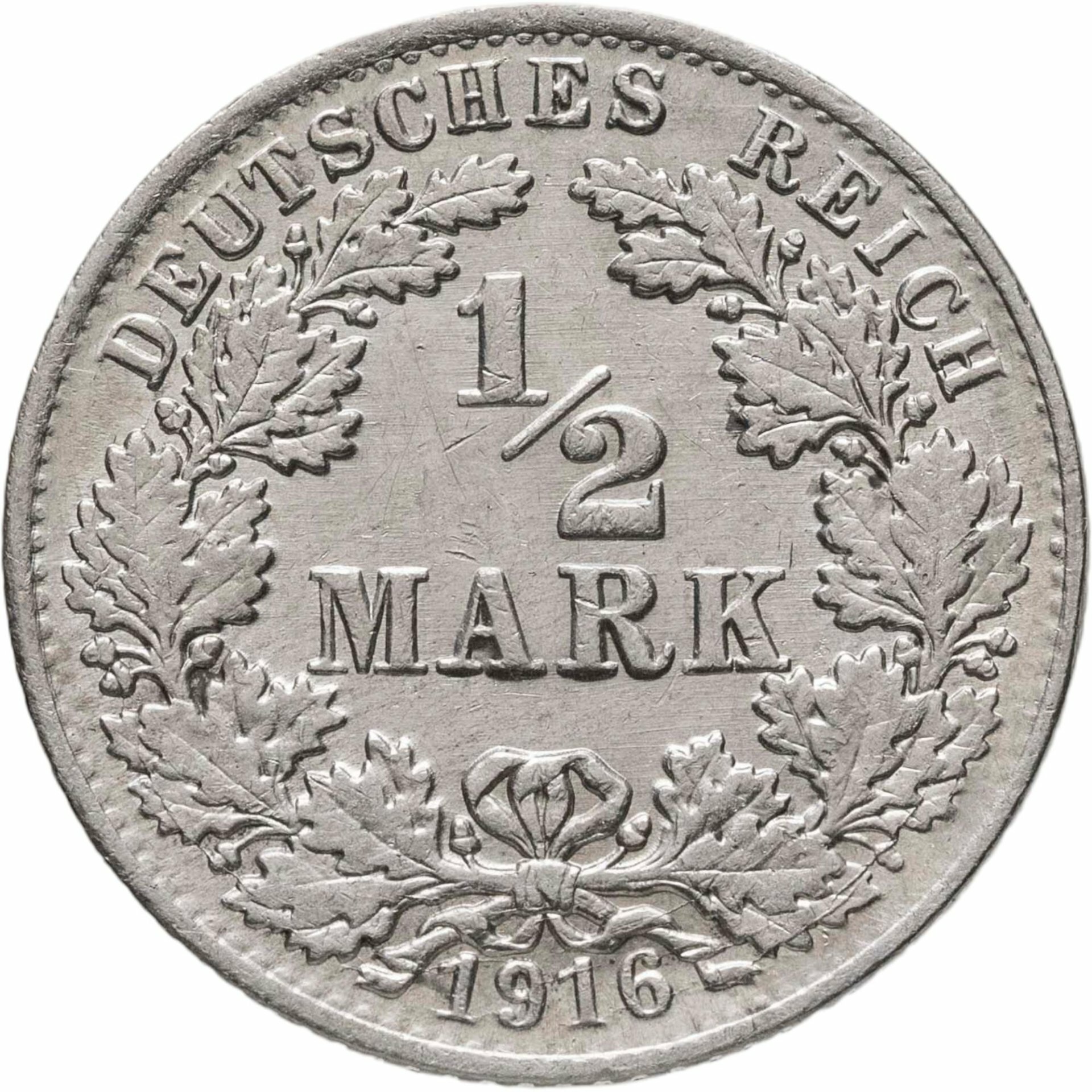 Германия 1/2 марки mark 1916, знак монетного двора: "A" - Берлин, Серебро 900, в сохранности AU