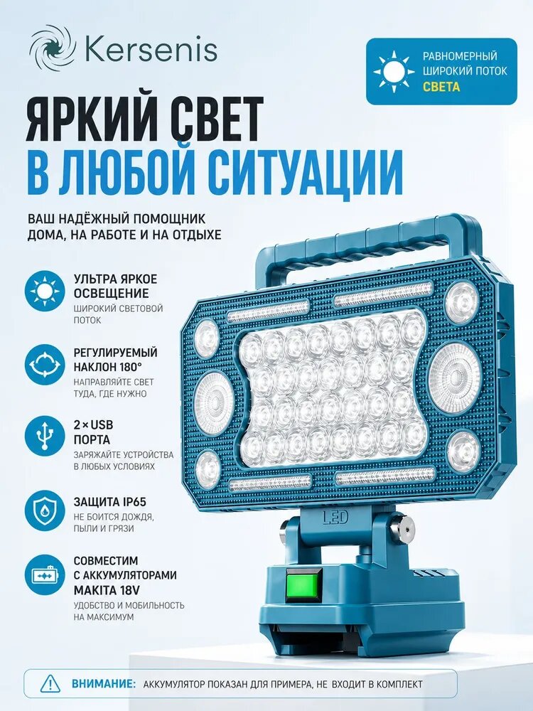 KERSENIS Фонарь под аккумулятор Makita, LED-прожектор 8 дюймов, 3 режима, красно-синий сигнал, USB