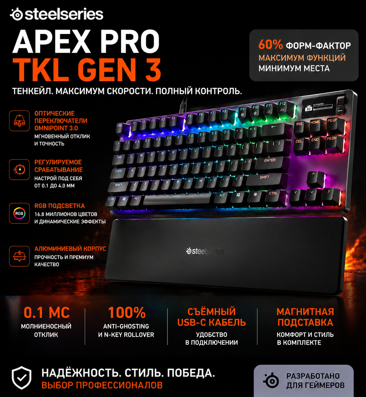 Клавиатура SteelSeries Apex Pro TKL Gen 3 механическая, профессиональная, для игр