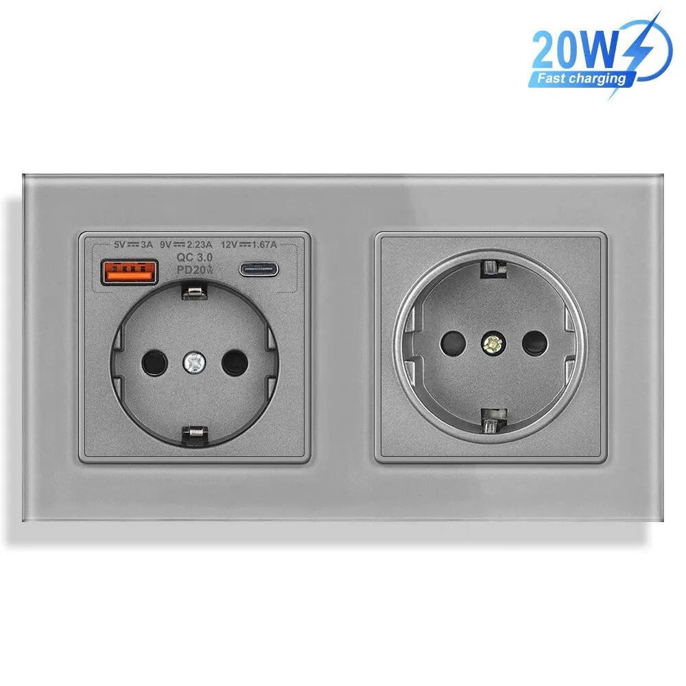 Розетка электрическая двойная с USB и type-C входами, быстрая зарядка 20W, рамка закаленное стекло Серая