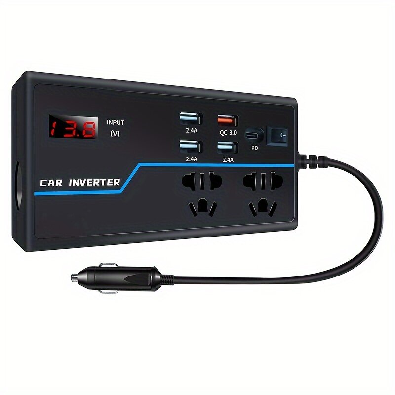 Автомобильный инвертор 200W, преобразователь напряжения 12V DC→110V и 24V DC→220V, LED дисплей, 4 USB + 1 PD порт, быстрая зарядка, модель G9