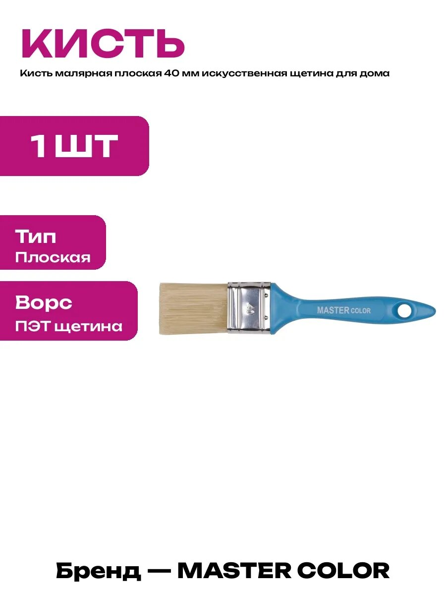 Кисть флейцевая 40 мм ПЭТ ворс пластиковая ручка 1 1/2 дюйма