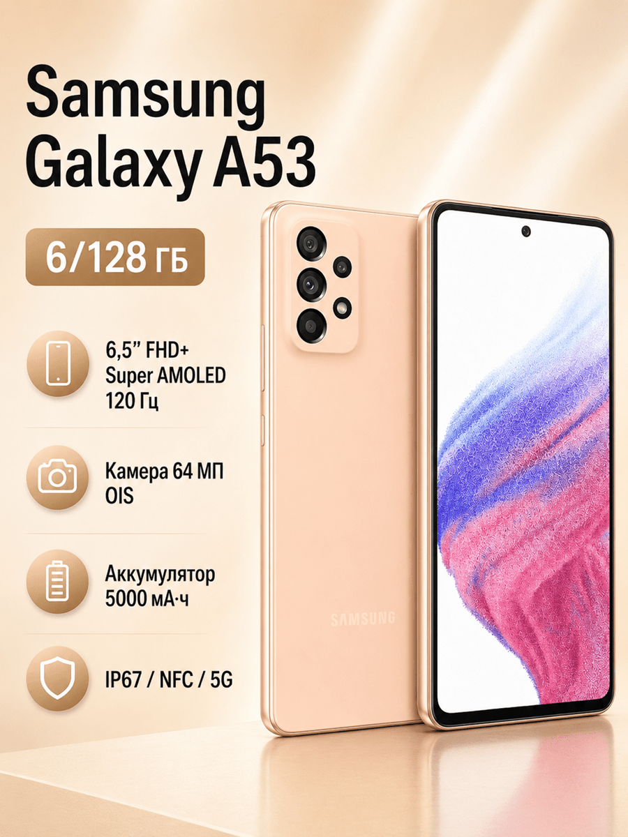 Смартфон Samsung Galaxy A53 5G, 6/128 ГБ, одна SIM-карта, Super AMOLED дисплей 120 Гц, NFC, золотистый (A53-A536N)