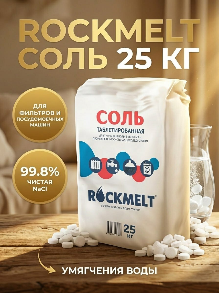 Rockmelt, Таблетированная соль 25 кг для водоочистки /для фильтра фильтровальная соль для фильтра воды таблетированная соль для водоочистки