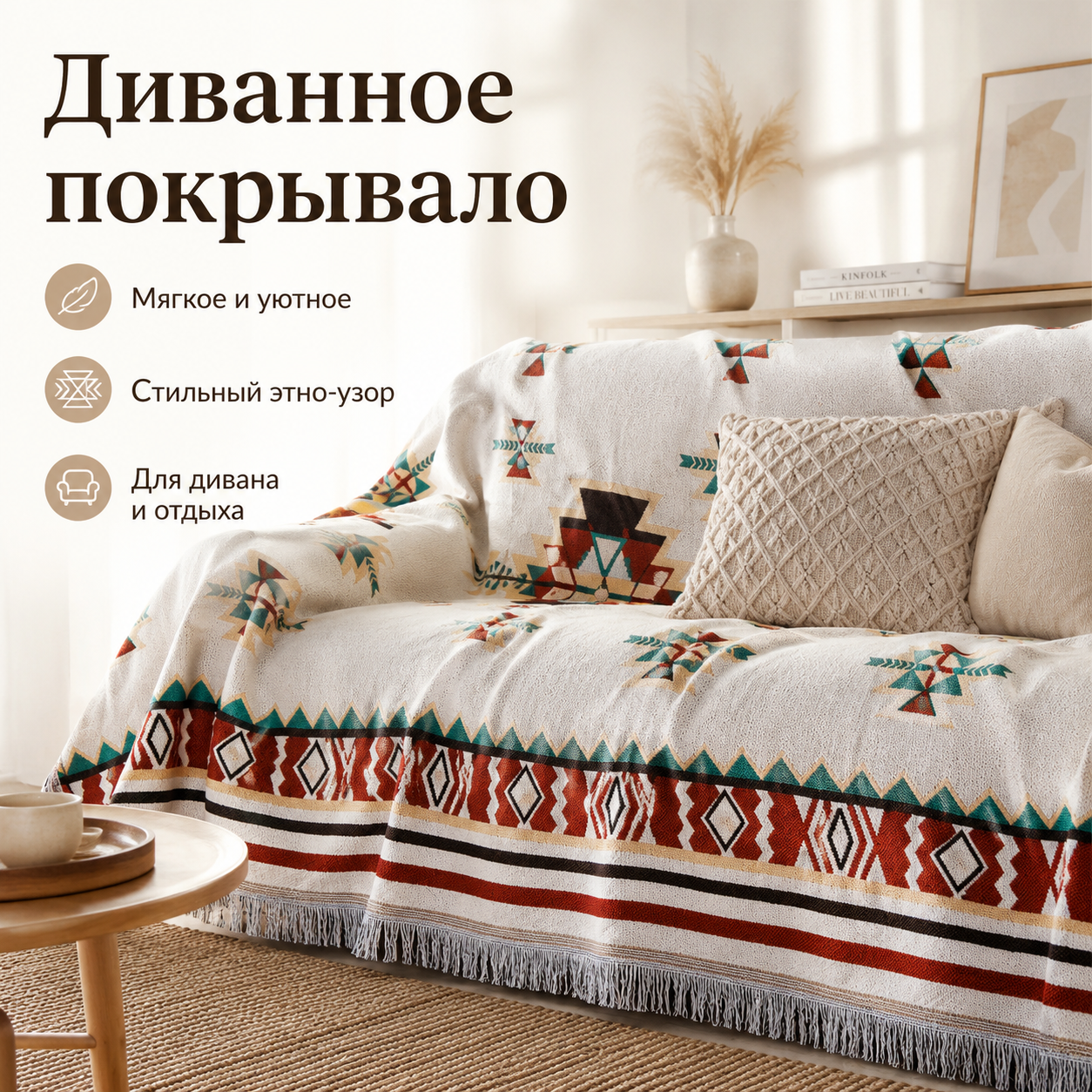Плед хлопковый двусторонний с бахромой, 300 х 180 см, накидка для мягкой мебели