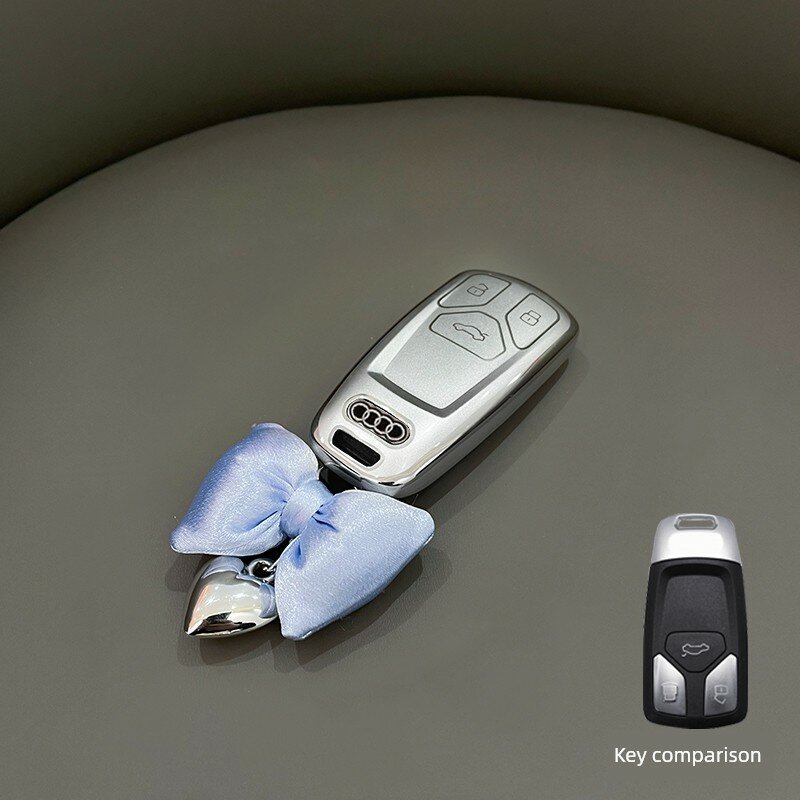 Автомобильный держатель для ключей Audi с синей сердечной лентой и мерцающим серебряным покрытием, стиль C для брелоков