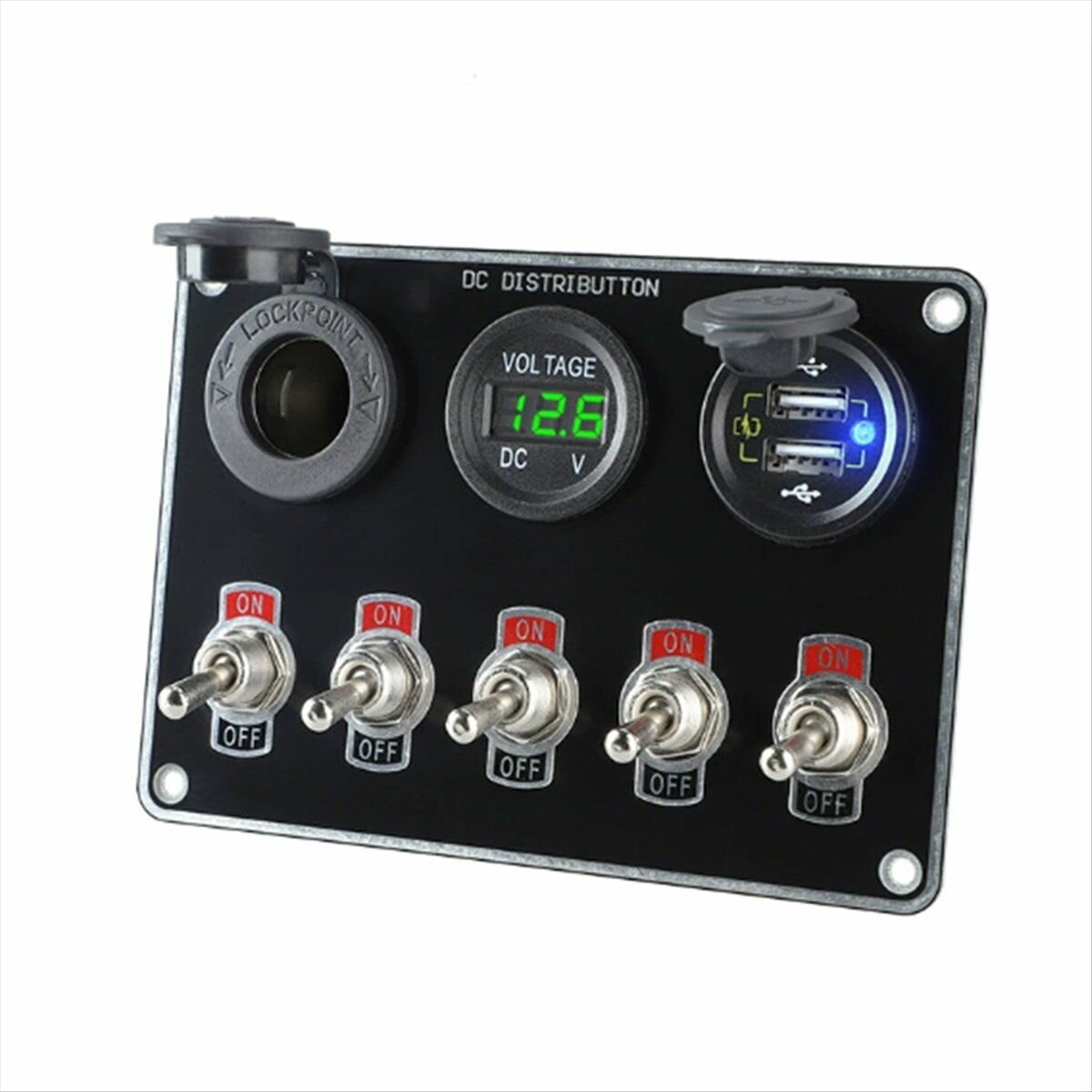 Панель 5 переключателей 12/24V с USB QC3.0, вольтметром и розеткой 12В — водонепроницаемая для лодок и автодомов