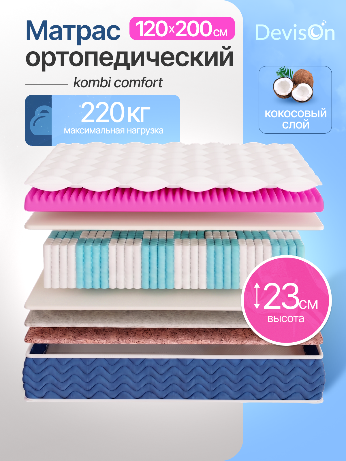 Матрас 120х200 пружинный ортопедический Devison Kombi Comfort